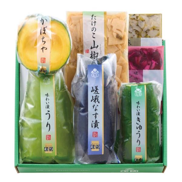 賞味期間：冷蔵10日内容：たけのこ山椒110g、嵯峨なす漬、味わい漬きゅうり×各1、浅漬けかぼちゃ、味わい漬うり各1/4、味すぐき、嵯峨しば漬各40g（カタログ番号：1210）