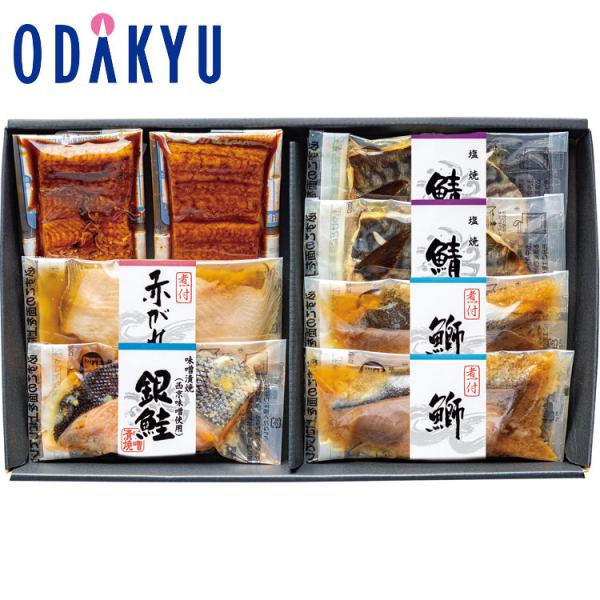 賞味期間：冷凍60日内容：鰻蒲焼40g×2／(原)国産、赤カレイ煮50g×1、ぶり煮付50g×2、鯖塩焼50g×2、銀鮭味噌焼50g×1