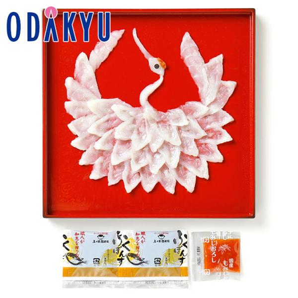 重さ：約0.8kg箱サイズ：28.4×24.3×7(cm)賞味期間：出荷日より30日間内容：まふく刺身鶴盛　50g（21cm角プラスチック皿）、ぽん酢　10g×2、もみじおろし　3g×1※「お母さんありがとう」のメッセージ入りしおり