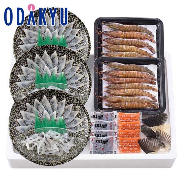 賞味期間：冷凍90日内容：とらふぐ刺身15g×3、車海老（刺身用）200g／国産、とらふぐ皮20g×3、とらふぐヒレ5枚／(原)国産、ふくポン酢、もみじおろし10g×各3
