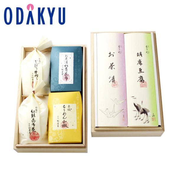 箱サイズ：26.5×16.5×7.5(cm)内容：お茶漬42g×4種（かやく付き）、胡麻豆腐43g×4種（柚子味噌付き）、お茶漬松茸昆布50g、赤坂ちりめん山椒30g、ごぼう牛肉巻40g、紅鮭昆布巻45g賞味期間：製造から常温180日