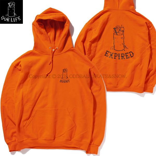 OUR LIFE BURNT HOODIE orange アワーライフ スウェットパーカー プルオーバーオークランド周辺のスケーターTONY MIORANA(ANTIHERO)らが展開しているブランドです。SIZE　M　L　XL肩幅　約54...