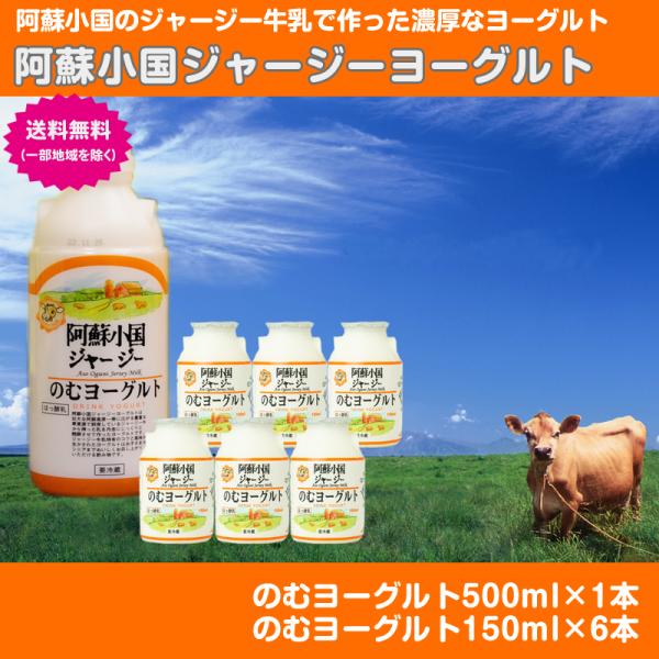 阿蘇小国のジャージー牛乳で作った濃厚で甘酸っぱいのむヨーグルトの詰合せです。ジャージーのむヨーグルト500mlを１本、150mlを６本を箱詰めにいたしました。贈物としてご利用いただけます。