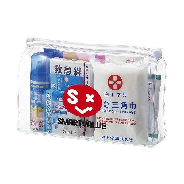 ■救急用品■セット内容：救急三角巾（１０５×１０５×１５０ｃｍ）、消毒スプレー５０ｍｌ、サージカルテープ（幅１．２ｃｍ×長９ｍ）、滅菌カットガーゼＭ（７．５×７．５ｃｍ）１枚パック×５、救急絆（１９×７２ｍｍ）１０枚、ポリ手袋（全長２５ｃｍ...
