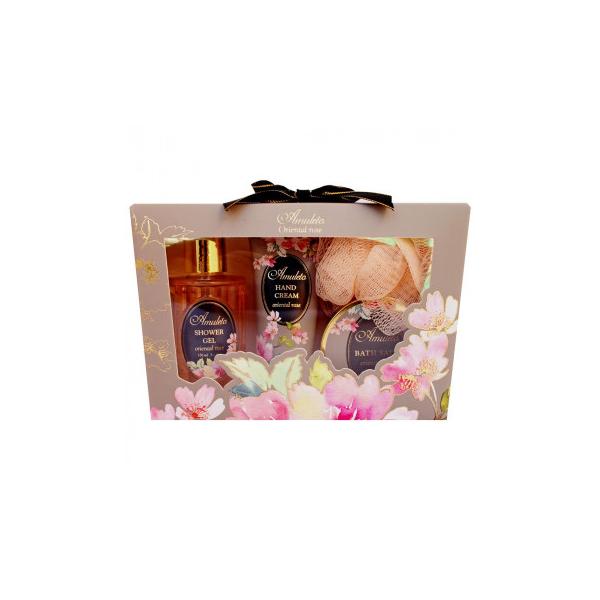 シャワージェル、ハンドクリーム、バスソルト、ボディスポンジがセットになった、大容量でお得なボディケアギフト。華やかなオリエンタルローズの香り。