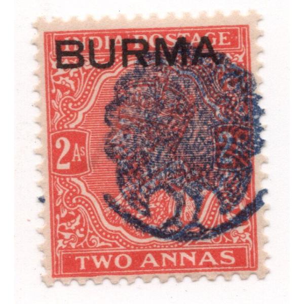 南方占領地 ビルマ ヘンザ孔雀V型 青加刷 2a 朱1937年発行のジョージ５世（イギリス）図案のビルマ切手に、V型孔雀が加刷されたものです。