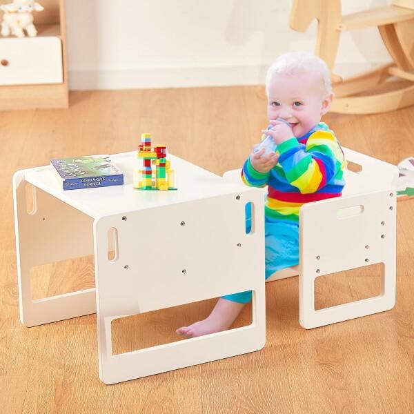FUNLIO モンテッソーリ 離乳期用 テーブル＆チェアセット 1〜3歳用 高さ調節可能な幼児用テーブル＆チェアセット キューブ型子供用テーブルと椅子 読む/食べる/遊ぶ 簡単組み立て CPC認証取得 白商品コード：67079808625型...