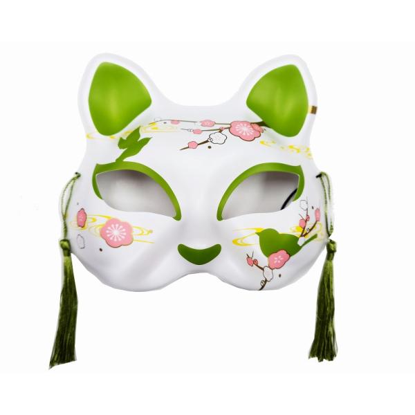 猫面（三十六/うぐいす）のお面です。顔の上半分を覆う形になります。６枚セットでの販売になります。　１枚あたり単価300円（税抜）画像とは予告なく柄が変更になる場合がございます。外国の方にも人気です。縁日やお祭りだけでなくお土産やイベント展示...