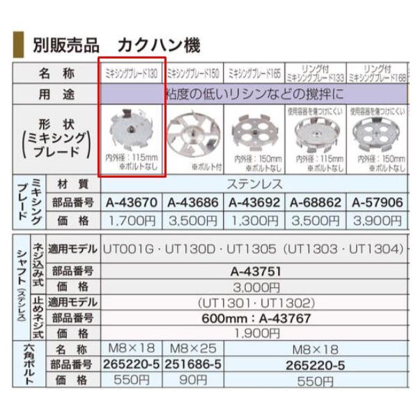 内外径115mm、ボルトなし。先のブレードのみ（本体、シャフトなど別途）材質：ステンレス