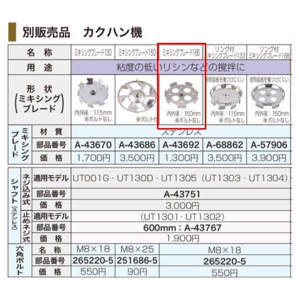 内外径150mm、ボルトなし。先のブレードのみ（本体、シャフトなど別途）材質：ステンレス
