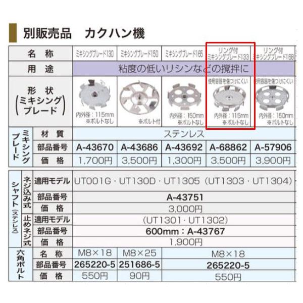 内外径115mm、ボルトなし。先のブレードのみ（本体、シャフトなど別途）材質：ステンレス