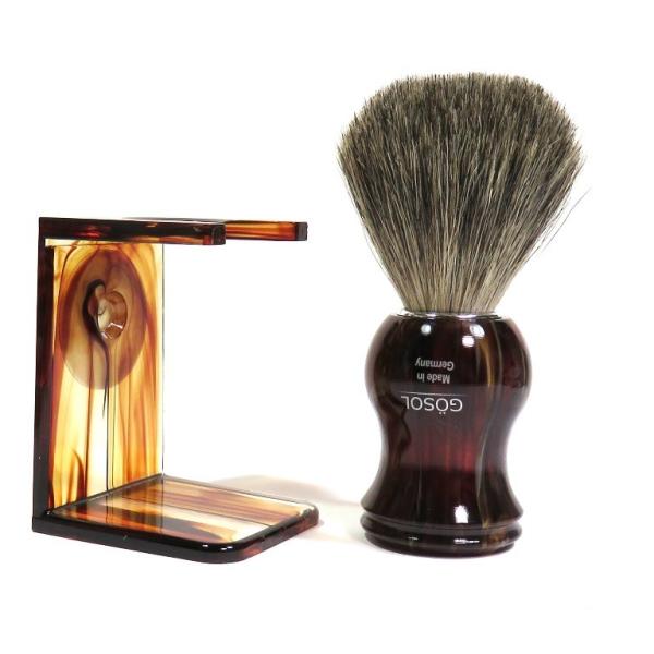 縦100mm、台座直径約37mm、46gドイツ製スタンド付：べっ甲柄樹脂製植毛：アナグマの採毛理想的な泡立ちとスキンタッチ、ひげブラシに最適とされる希少な高級アナグマ毛を使用使用後逆さにして乾かすことができるスタンド付（樹脂製）温湯に浸して...