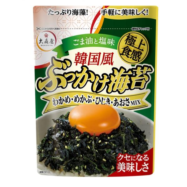 ご飯や料理にふりかけるだけ！ごま油のコクと塩味で人気の韓国風の味付けたっぷりの海苔に４種（わかめ、めかぶ、ひじき、あおさ）の海藻入りサラダや冷奴などいろいろなメニューに使える！