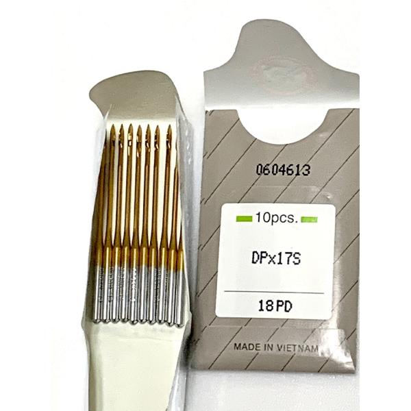 S針は縦の菱針になります。PD加工針はチタンでコーティングしています。コーティングすることで耐摩耗性を可能にし、高速での連続縫製が可能になります。テストでは従来のクロムメッキ針の約2倍という硬度特性と、約5倍の耐摩耗値を実証しています。