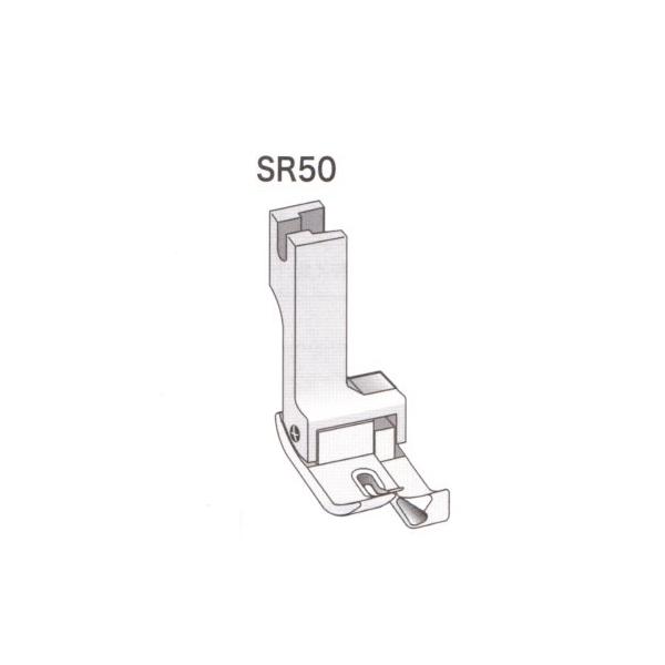直線、特に高速時に安定した縫いができます。ガイドがあるので、ステッチ幅が安定します。メーカー　　　：　スイセイ（SUISEI）（株）卓輝工業押え金型式　　：　SR50 　　　　　　　　　右段付き押え金 5.0mm工業用１本針本縫いミシンの押...