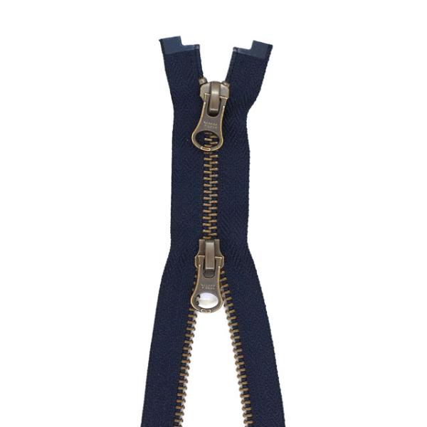 ●金属ファスナー●素材：エレメント…丹銅　テープ…ポリエステル●サイズ：No.5　長さ100cm●エレメント（務歯）：アンティークゴールド【商品の詳細】エレメントが金属でできている逆開オープンファスナーです。2つのスライダーを1番下まで下ろ...