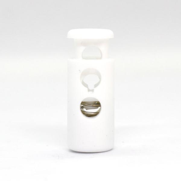 ●素材：本体・・・ナイロン樹脂、バネ・・・ステンレス●サイズ：外径 約9mm / 紐通し内径 約4mm※詳細は画像を参照ください。●推奨紐サイズ：直径3mm以下【商品の詳細】細紐用の2つ穴コードロックです。袋物や衣類の紐止めに。