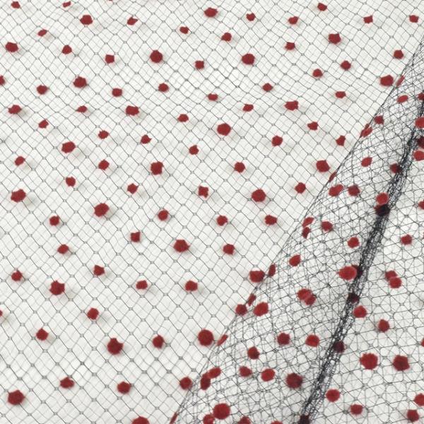 ●素材：チュール部分…ナイロン100％　　フロッキー部分…レーヨン100％●生地幅：約92cm【生地の特徴】目が粗めのネット生地にふかふかのフロッキーがついた可愛らしい生地です。帽子の装飾用としてよく使われます。ヘッドドレスやハット、小物、...