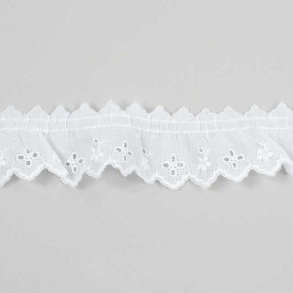 ●素材：綿100％●サイズ：幅約24mm×長さ約1m●入数：1本【商品の説明】綿素材の細幅レースのフリルタイプです。洋服や小物の縁取りやアクセサリー、ドール用のお洋服や装飾にもおすすめです。※記載のサイズ幅よりも多少前後する場合がございます。