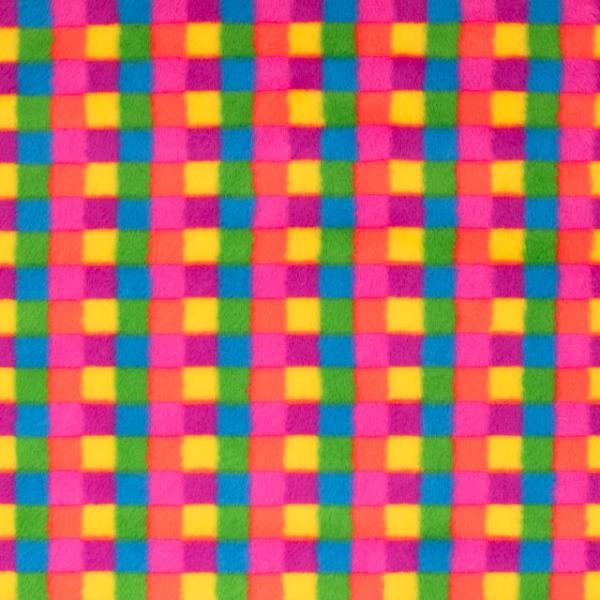 ●素材：ポリエステル100%●生地幅：約160cm【生地の特徴】インパクトのあるチェック柄がプリントされたファー生地です。ベースの生地も硬くないので比較的扱いやすく、短めの毛のファーです。ディスプレイや衣装作り、小物使いにおすすめ。※12....