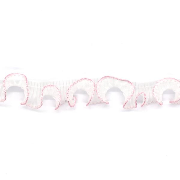 ●素材：ポリエステル100％（フリル本体・糸）●サイズ：約25mm幅【商品の詳細】細かくプリーツを寄せた軽やかなフリルに、カラー糸で縁取りをしました。カラーバリエーション豊富で衣装やイベントにオススメです。・バイアス生地のため、製造の工程上...