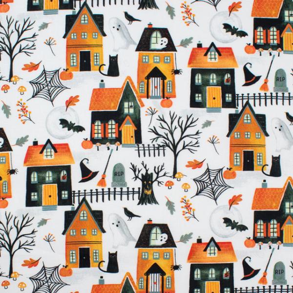 ●素材：綿100%●生地幅：約110cm【生地の特徴】USAコットン TIMELESS TRESURESのプリント生地です。ハロウィンモチーフのホーンテッドハウスがかわいらしくデザインされています。薄手のシーチング生地なので初心者でも扱いや...