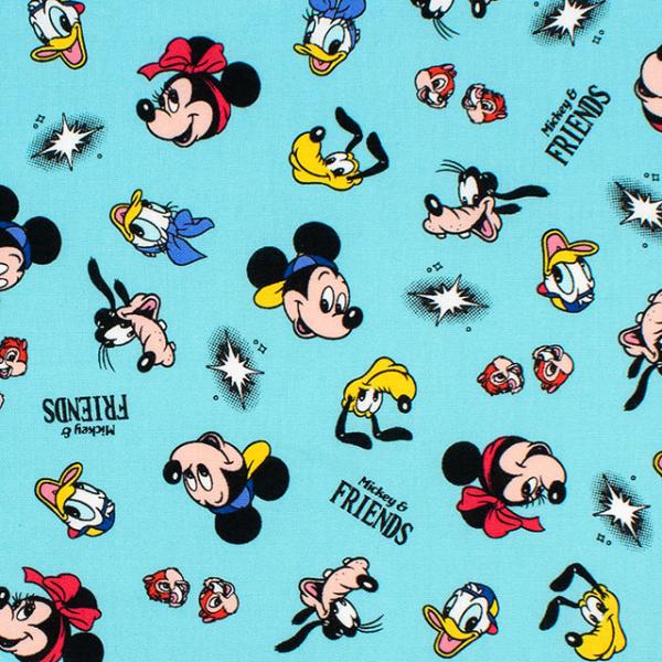 ●素材：綿100％●生地幅：約106cm【商品の説明】ミッキーと仲間たちのプリント生地です。柄の上下がないので、裁断も簡単です。やや薄手の生地は柔らかさがあり、初心者の方にも扱いやすい素材です。巾着袋等の入園入学グッズはもちろん、エプロンや...