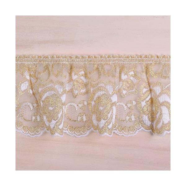 ●素材：ナイロン60％　レーヨン40％●サイズ：幅約90mm【商品の詳細】ラメ糸を織り込んだゴージャスなラッセルレースです。ドレスなどの衣装の裾や、カーテンなどのインテリアに。バッグなどの小物にも。・製造の工程上、1反の中に繋ぎ目が入る事が...