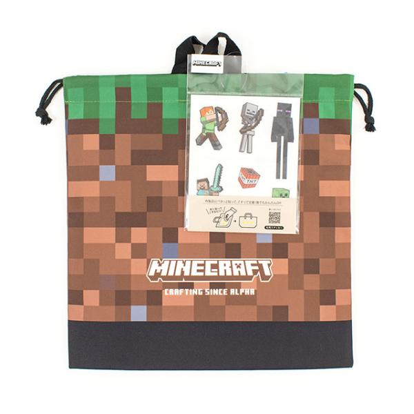 ●素材：ポリエステル100％●サイズ：（約）：タテ33cm×ヨコ31cm【商品の説明】お子様に人気のマインクラフトの巾着袋です。ドット柄の土をプリントしたデザインに、布に貼れるデコシール「irodo」で自分だけのバッグが作れます。体操着の他...