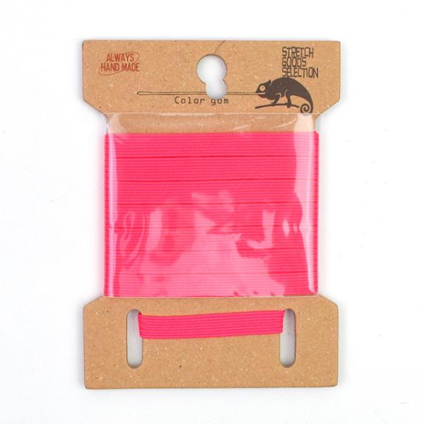 ●素材：ゴム…天然ゴム　/　糸…ポリエステル●長さ：約1.5m巻●日本製【商品の特徴】ネオンカラーの平ゴムです。ラッピング・靴ひも（片足分）等におすすめです。【ご注意】天然ゴム製品ですのでラテックスアレルギーの方はご注意ください。