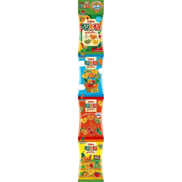 5種類の緑黄色野菜入りで、緑・黄・赤の3種類の色とそれぞれの野菜のおいしさが楽しめるハート型のスナック。出たらハッピー大きいハート ! 大きさ約2倍の製品が入っているかも !? 10g入りのパッケージが4つつながっています。