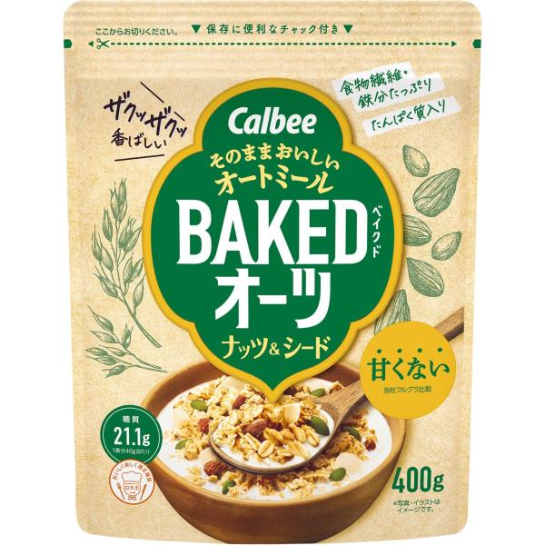 オートミールをカルビー独自のベイクド製法でおいしく焼き上げた、甘くない（※当社フルグラ比）素材そのままのおいしさをいかしたシリアル（オートミール加工品）です。サクサクのベイクドオーツに、香ばしい風味とカリっと食感のナッツやシードをトッピング...