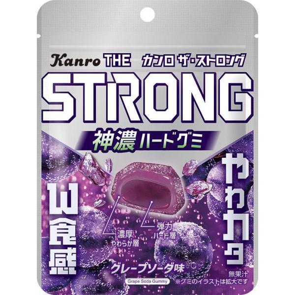 こだわりのＷストロング製法で作られた、”ストロングな味わい”の濃厚やわらかグミ層と、”ストロングな噛み応え”の弾力ハードグミ層の、2つの”ストロング”が融合した神濃ハードグミです。