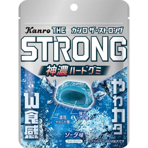 こだわりのＷストロング製法で作られた、”ストロングな味わい”の濃厚やわらかグミ層と、”ストロングな噛み応え”の弾力ハードグミ層の、2つの”ストロング”が融合した神濃ハードグミです。