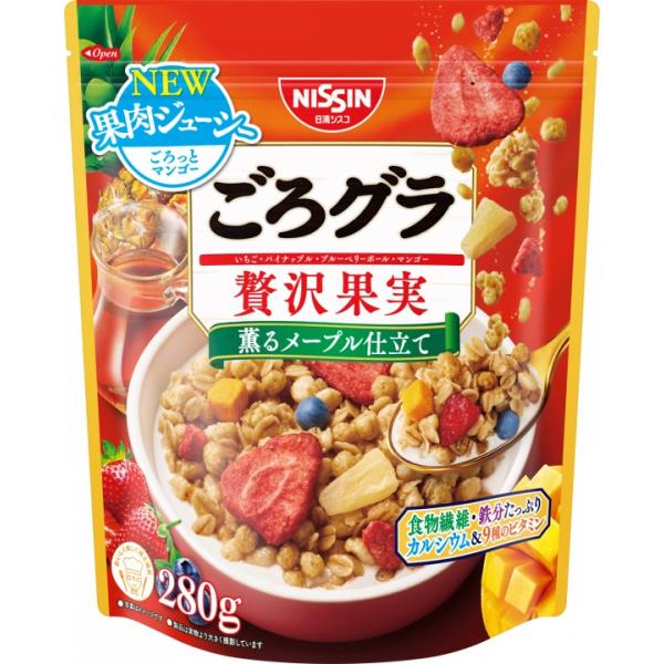 果実のリッチなおいしさが楽しめる、うれしい栄養バランスのグラノーラ2種のメープルシロップを使った芳醇な味わいで、具材のおいしさが引き立つザクザク食感のシリアルに、 大きめのスライスいちご、パイナップル、ブルーベリーボール、マンゴー、粒いちご...