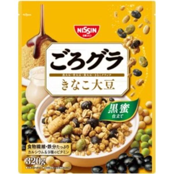 こんがり香る黒蜜仕立てのコク深い味わいで、具材のおいしさが引き立つザクザク食感のシリアル生地に、 黒大豆、青大豆、黄大豆、ザクザクきなこクランチを加えました。 たっぷりの食物繊維や鉄分、カルシウムと9種のビタミン入り。