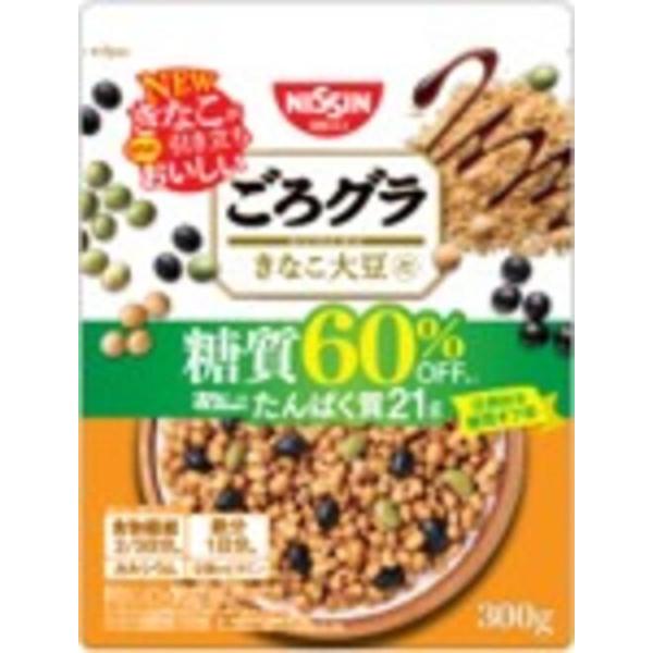 「ごろグラ きなこ大豆」と比べて (同重量で比較) 糖質の量を60%オフしながら、たんぱく質、食物繊維、鉄分、カルシウムをしっかりとることができる健康志向のグラノーラです。