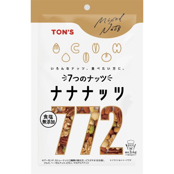 アーモンド、カシューナッツ、ピスタチオ、クルミ、ヘーゼルナッツ、ピカン、マカデミアナッツ。１つ１つ形も大きさも異なるナッツが活きるよう、それぞれに適した焙煎方法で仕上げました。食塩無添加タイプです。