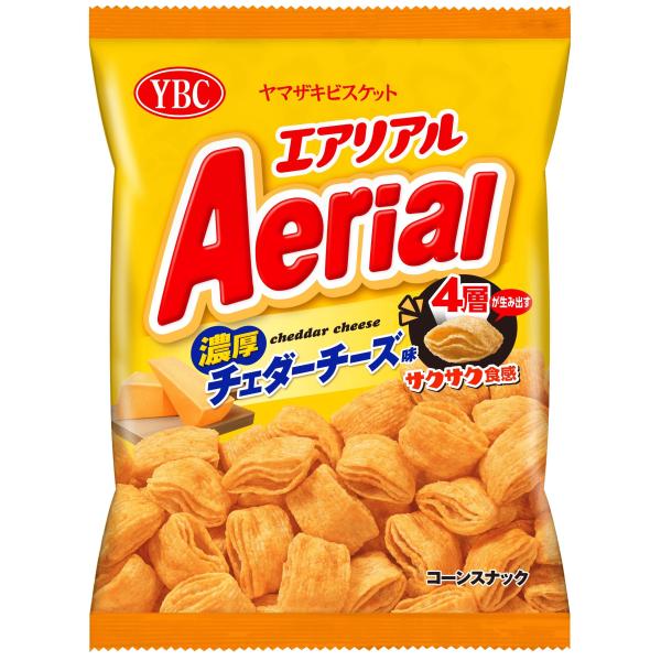 独自製法で作られた4層構造のコーンスナック。これまでになかった、サクッとした軽い食感が後を引きます。チェダーチーズを2度掛けしたコク旨エアリアル。チーズ風味パウダーとチーズクリームで仕上げた濃厚でコクのある味わいが楽しめます。