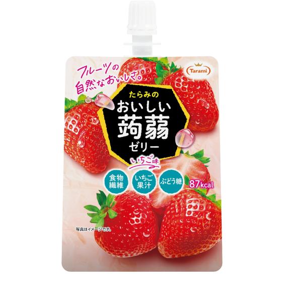 いちご本来の味わいにこだわり、フルーツの自然な甘み・香りある味わいに仕上げました。のど越しの良いぷるぷる蒟蒻ゼリーにいちご果汁を加え、華やかな香りあるおいしさが楽しめます。日常生活に欠かせない栄養素、食物繊維に加えぶどう糖入りで、おいしさと...