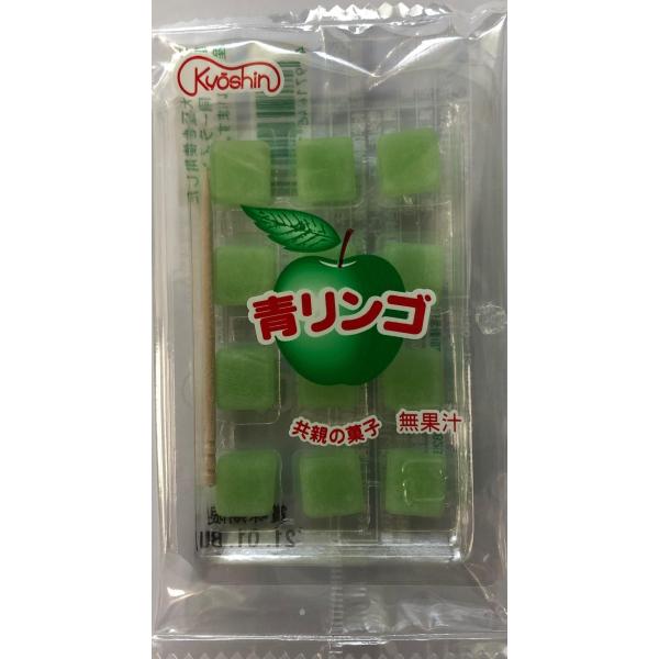 添付のつまようじで刺して食べる青リンゴ味のやわらかキャンディーです。