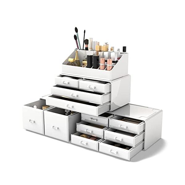 色：ホワイトサイズ：4段 サイズ 長さ23.9cm*幅13.7cm*高さ40.3cm 材質 アクリル製で耐久性に優れ、水洗いも可能、手入れ簡単。 3色 ホワイト、クリア、黒 メッシュシート付き 騒音、傷、滑り、湿気防止用取り外し可能なメッシ...