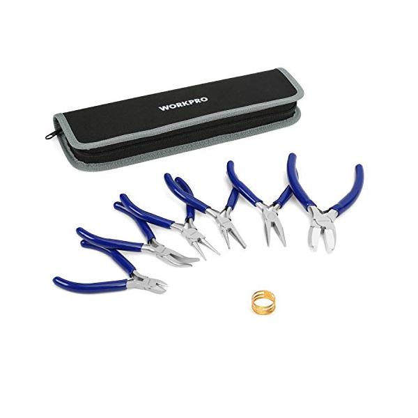 豊富なセット内容 14cmナイロンジョープライヤー*1pc、12.5cm溝ありヤットコ*1pc、12.5cm先曲ペンチ*1pc、12.5cm平ペンチ*1pc、12.5cm丸ペンチ*1pc、10cmニッパー*1pc、銅の指カン1枚、専用収納ケ...