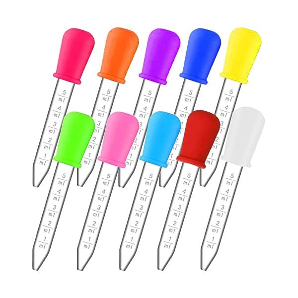 色：スカイブルー、ピンク、グリーン、透明、パープル、ダークブルー、イエロー、ローズ、オレンジ、レッド，計10個の液体滴下装置。高品質な素材：スポイトは食品用シリコンを使用しており、無臭、食品や液体に安全に使用でき。水が漏れたり、製品が無駄に...