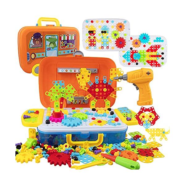 *  380ピース電動ドリルセット 可愛い車の形の収納ボックスがあります。このセット中で部品の種類が豊富で、電動ドリル、ドライバー、ネジ、歯車などがあり、2D平面と3D立体はどちらも組み立て、創造力や想像力も育てられます。この電動ドリルセッ...