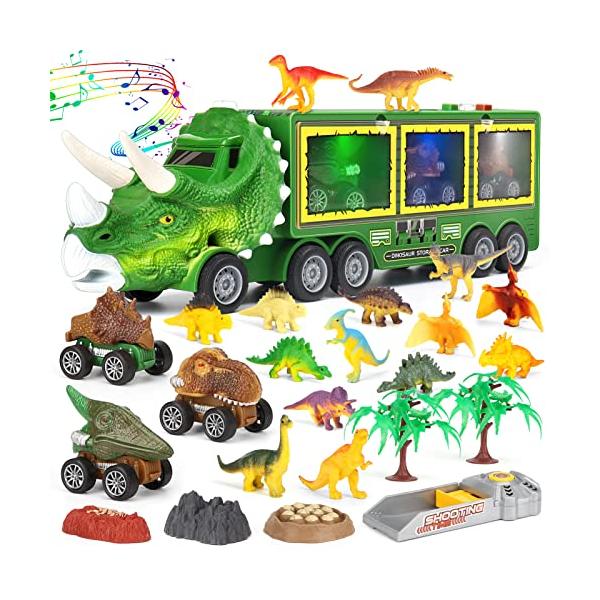 恐竜 おもちゃ 恐竜トラック1台、引き戻し恐竜車3台、恐竜フィギュア12体、樹木2体、恐竜の卵1体、化石1体、岩1体が23個入り。重量：0.8kg 人気の3歳 誕生日プレゼント 恐竜トラックは恐竜車3台を引き戻してどこにでも持ち運べます。ト...