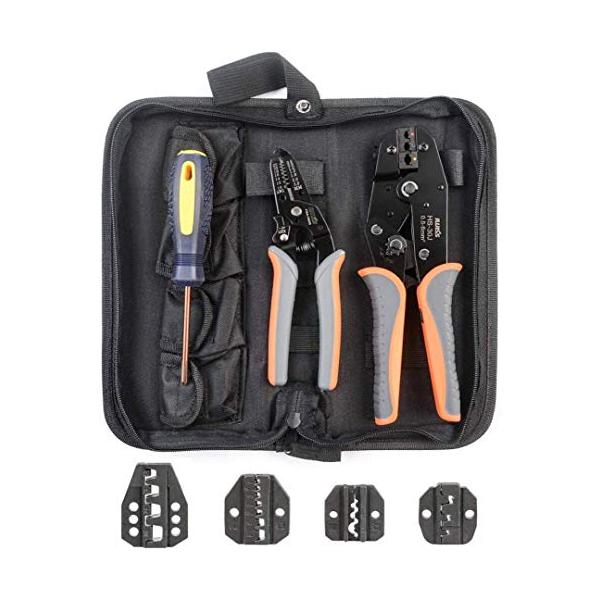 工具キット内容：圧着ペンチHS-30J、ワイヤーストリッパーFSA-0626、交換用ダイスセット(A03B, A10, A26TW, A35WF)、ドライバー(*)、収納バッグ圧着ペンチ圧着能力：(1)絶縁端子 0.5*6.0sq (2)裸...