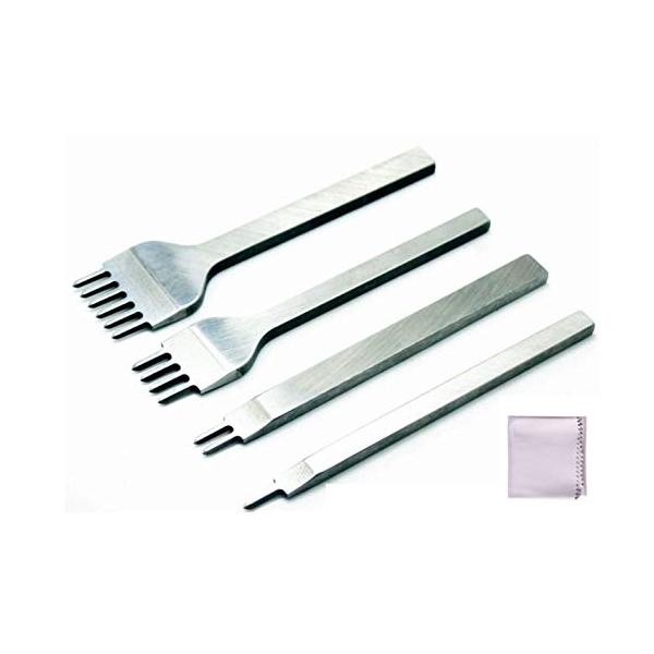 サイズ：3mmピッチ 4本セット人気のあるDIYの革細工にご使用頂く道具になります。こちらは初心者から上級者までご利用頂けるレザークラフト工具です*まずは革に垂直に歯を当て木槌などで打ちます。使用するのは針を入れる穴を作ったり、目印をつける...