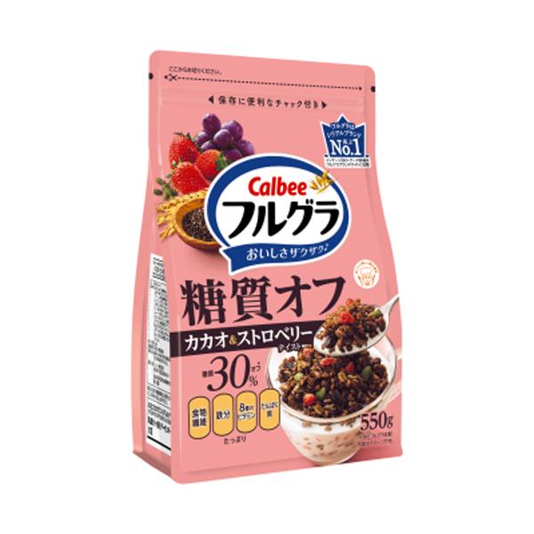 カカオ風味のグラノーラに、いちご・レーズン・かぼちゃの種をトッピング。カカオの甘さ控えめでほろ苦い味わいとフルーツの酸味、甘味は相性抜群です。また、おいしいのに糖質は３０％オフ！(フルグラ比)。おいしく気軽に続けられ、健やかな毎日を応援しま...