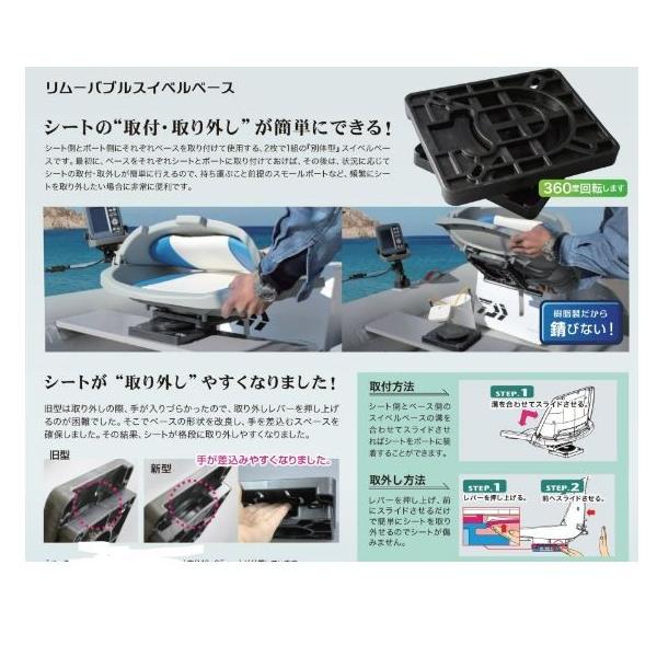 シート側とボート側にそれぞれベースを取付けて使用する。２枚で１組の「別体型」スイベルベースです。最初に、ベースをそれぞれシートとボートに取付けておけば、その後は、状況に応じてシートの取付・取外しが簡単に行えるので、シートを持ち運ぶことを前提...